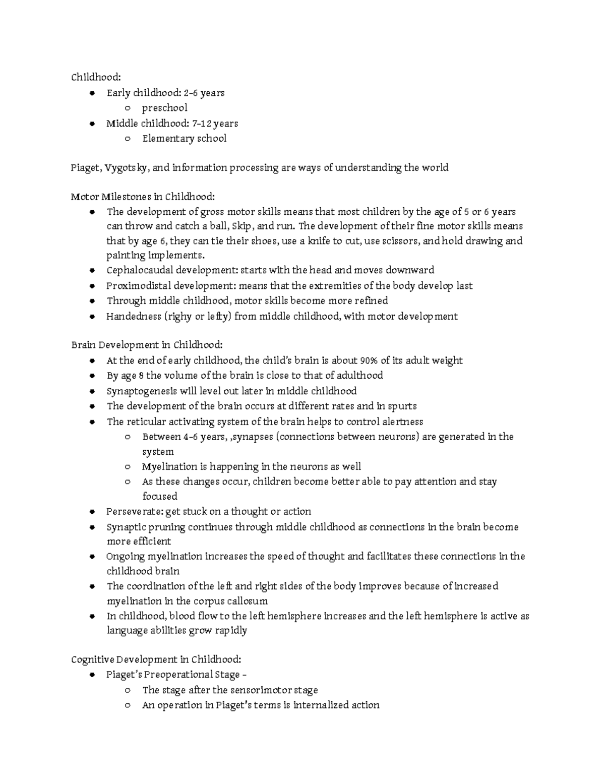 Exam 2 - Notes for all material up to the unit 2 exam - Childhood ...