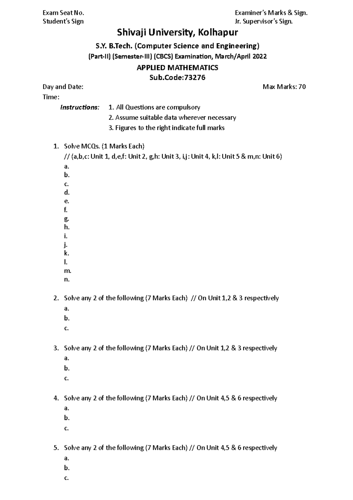 Question Paper Format Final - Exam Seat No. Examiner’s Marks & Sign ...