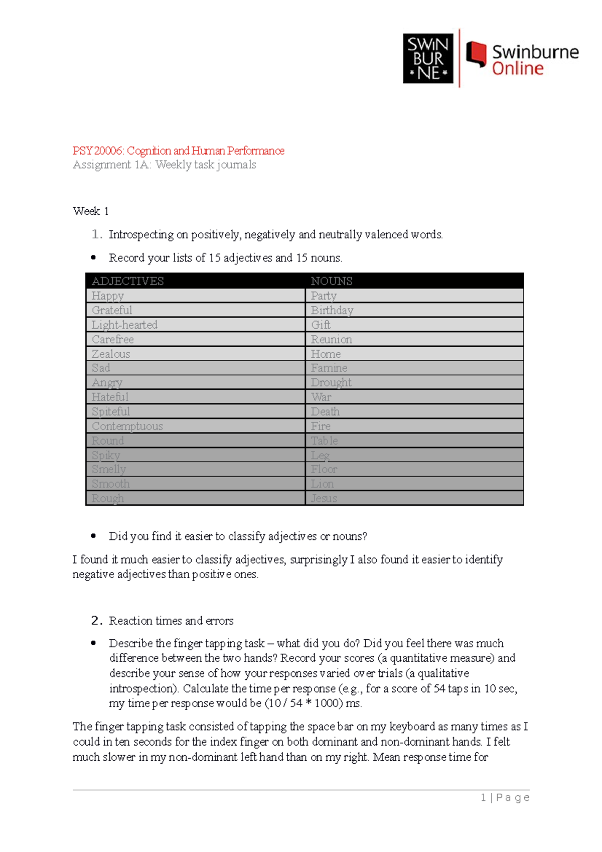Assignment 1A - PSY20006: Cognition and Human Performance Assignment 1A ...