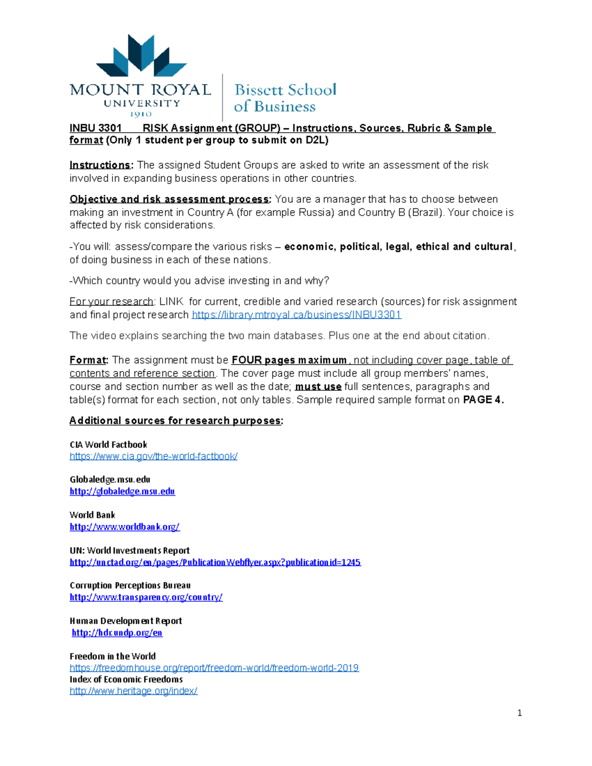 RISK Assignment Instructions and Grading Rubric - INBU 3301- Spring ...