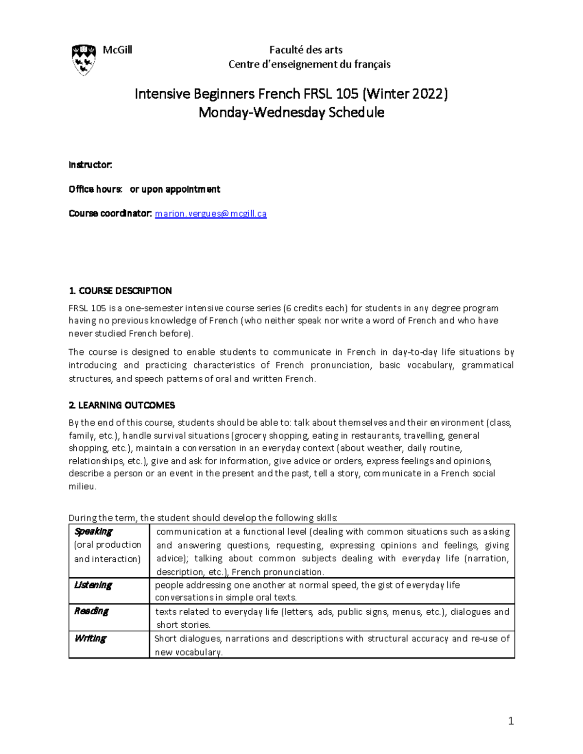 French syllabus - Centre d’enseignement du français Intensive Beginners ...