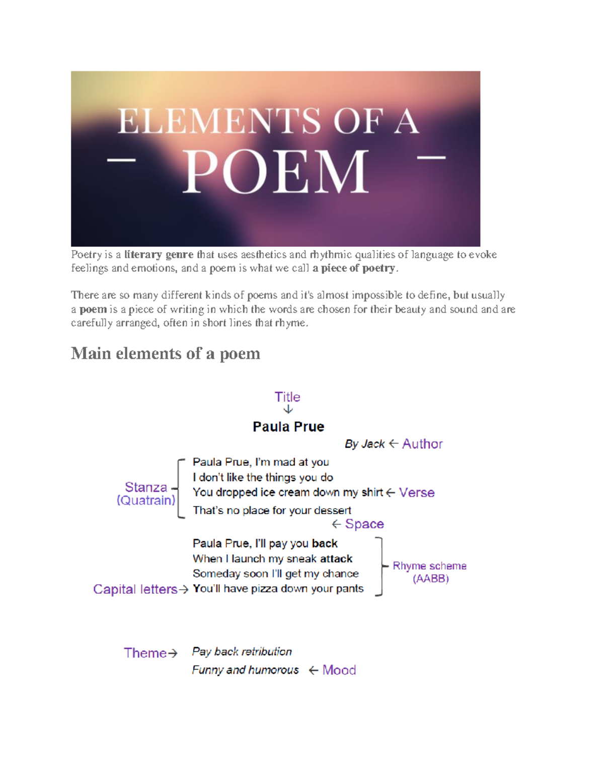 Elements of a Poem - Poetry is a literary genre that uses aesthetics ...