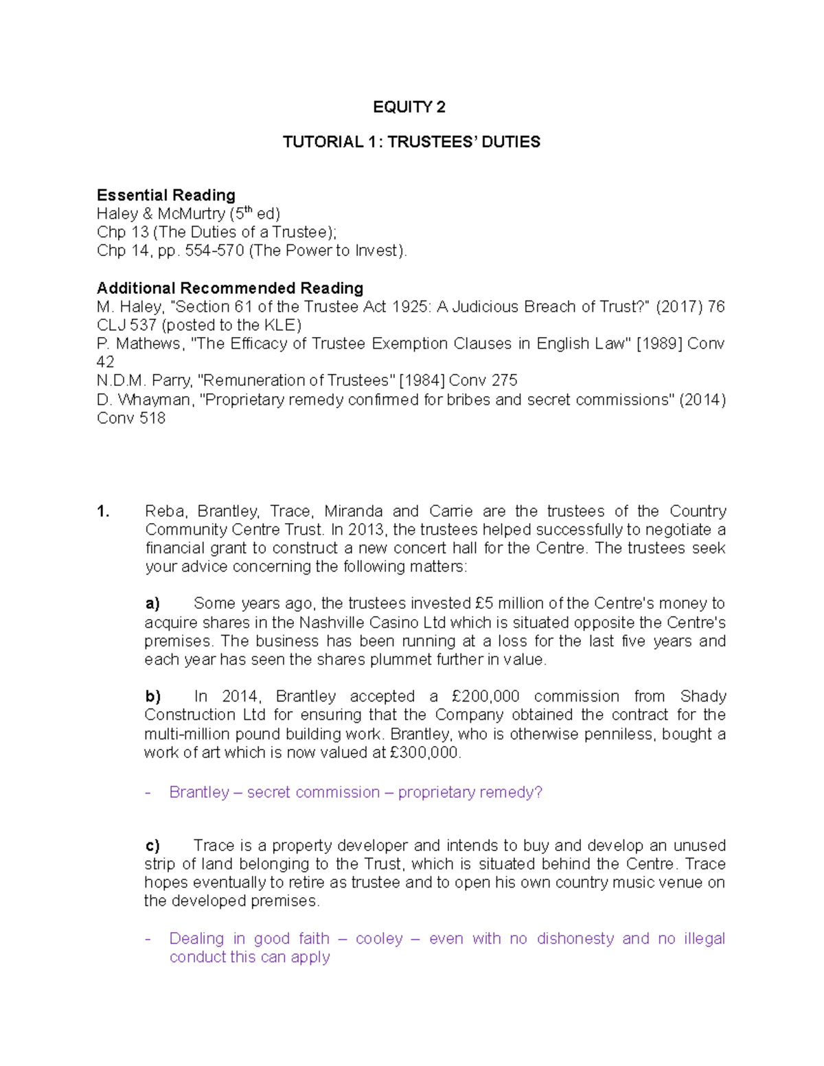 Equity 2 - Tutorial 1 - taught by Lara Mcmutry - EQUITY 2 TUTORIAL 1 ...