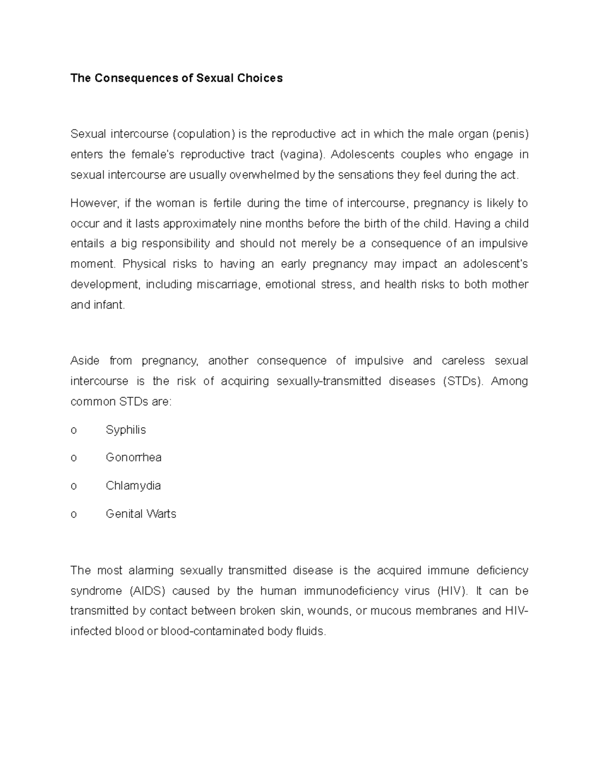 The Consequences of Sexual Choices - Adolescents couples who engage in ...
