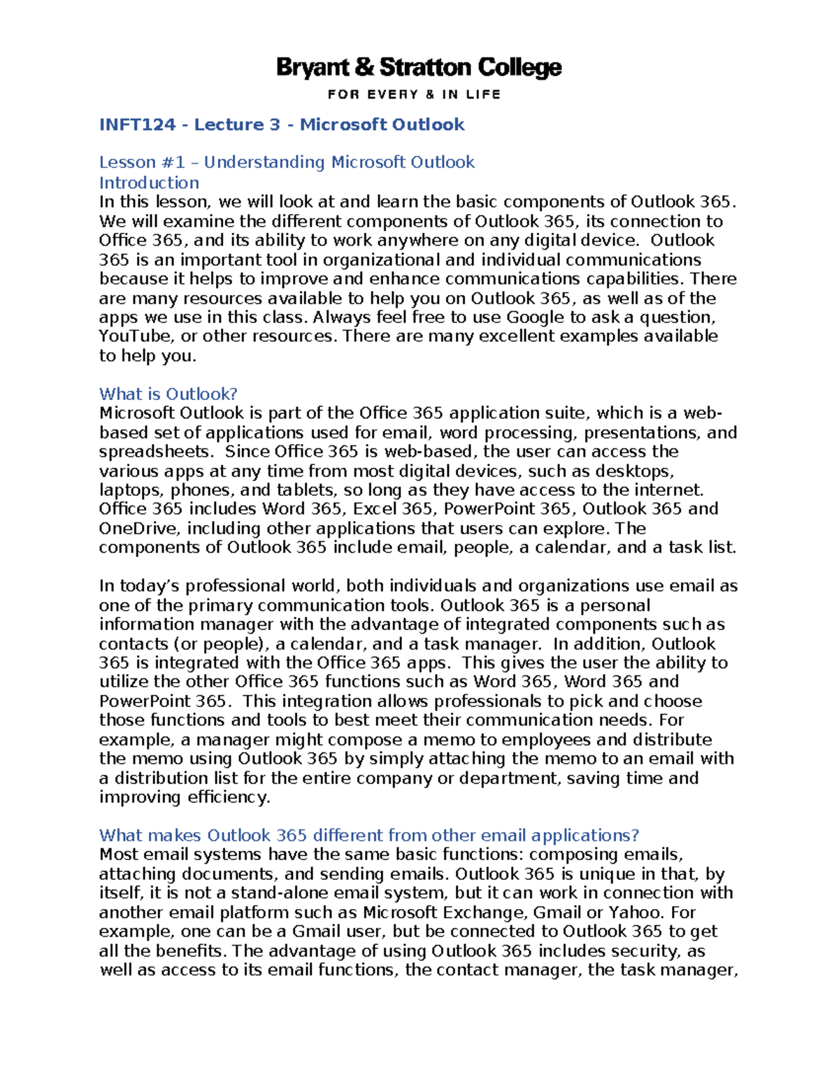 Inft124 Lecture 3 Microsoft Outlook Inft124 Lecture 3