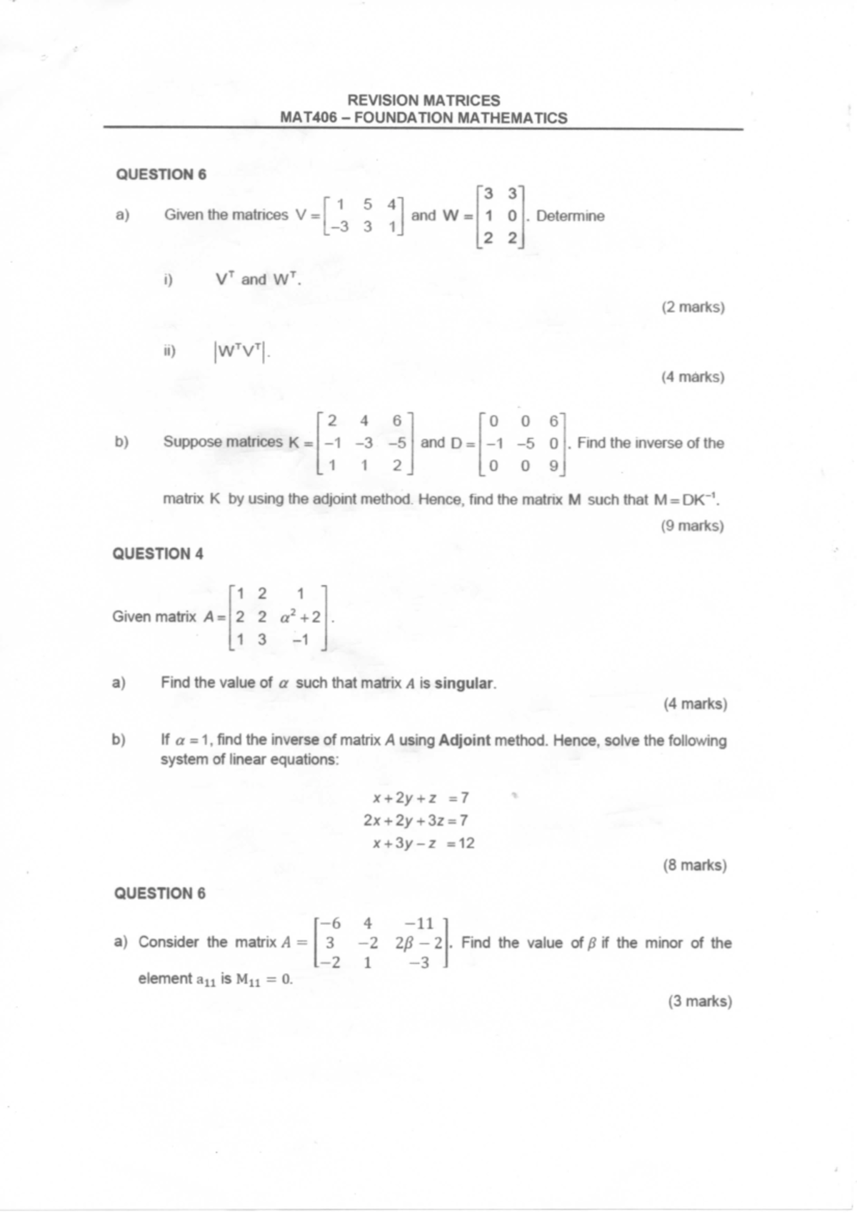 MAT406-chapter 7- matrices-answer - Mechanical and Electrical Engineering Practice - Studocu