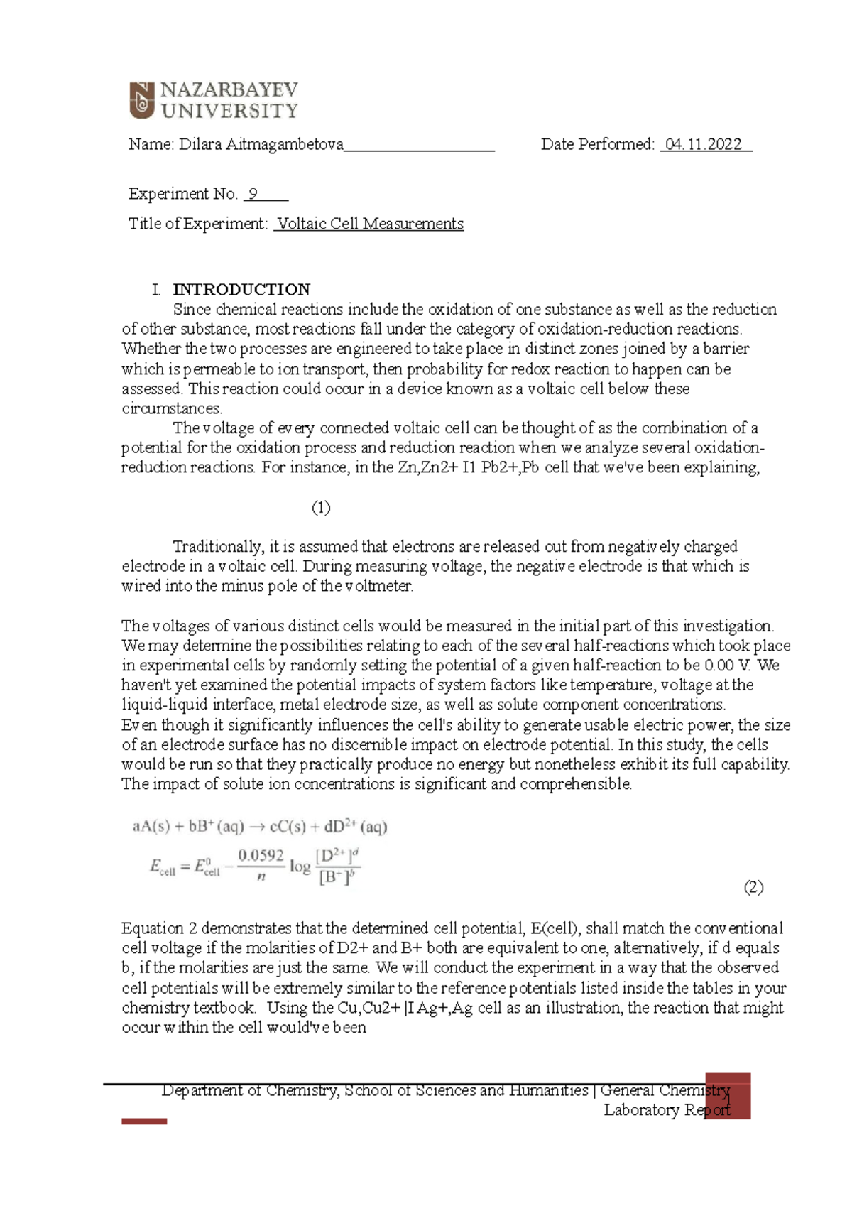 Labchem 9 - Name: Dilara Aitmagambetova Date Performed: 04. Experiment No. 9 Title of Experiment ...
