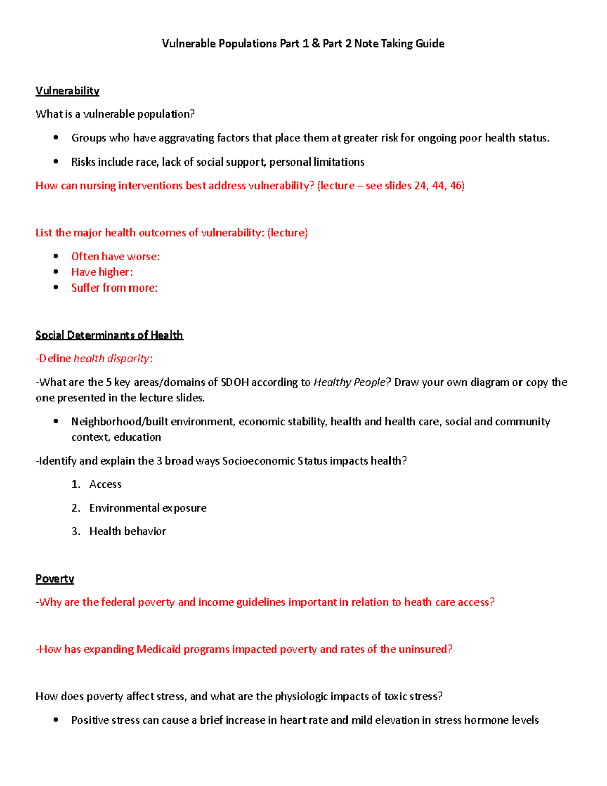Week 7 Vulnerable Populations Part 1 And 2 Note Taking Guide