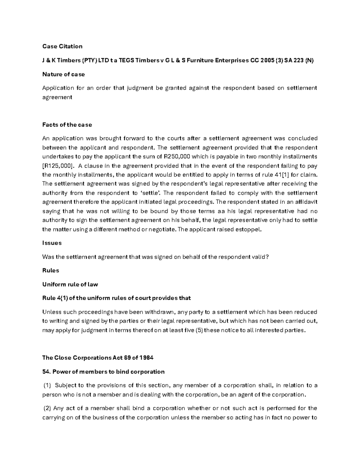 Case summary business enterprise - Case Citation J & K Timbers (PTY ...