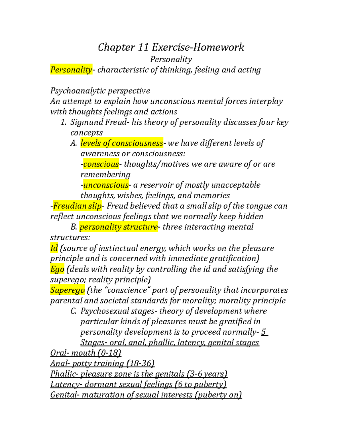 Chapter 11 Homework - Chapter 11 Exercise-Homework Personality ...