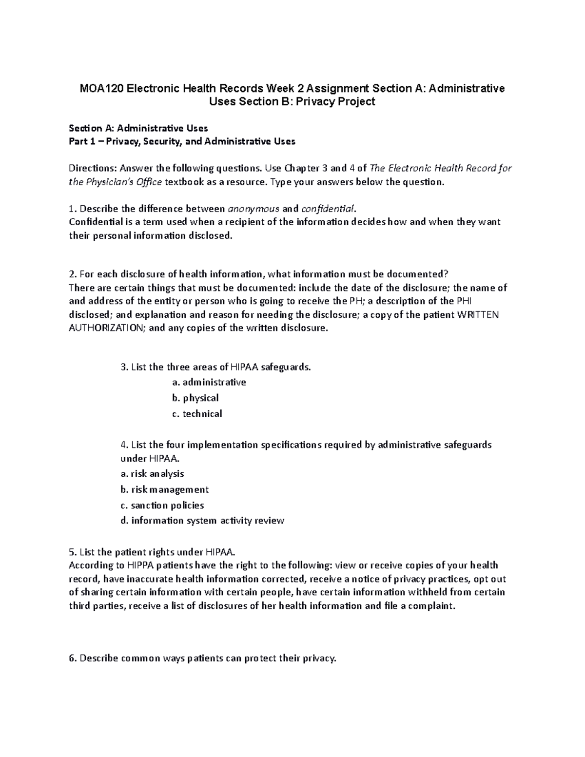 Week 2 Assignment Worksheet - MOA120 Electronic Health Records Week 2 ...