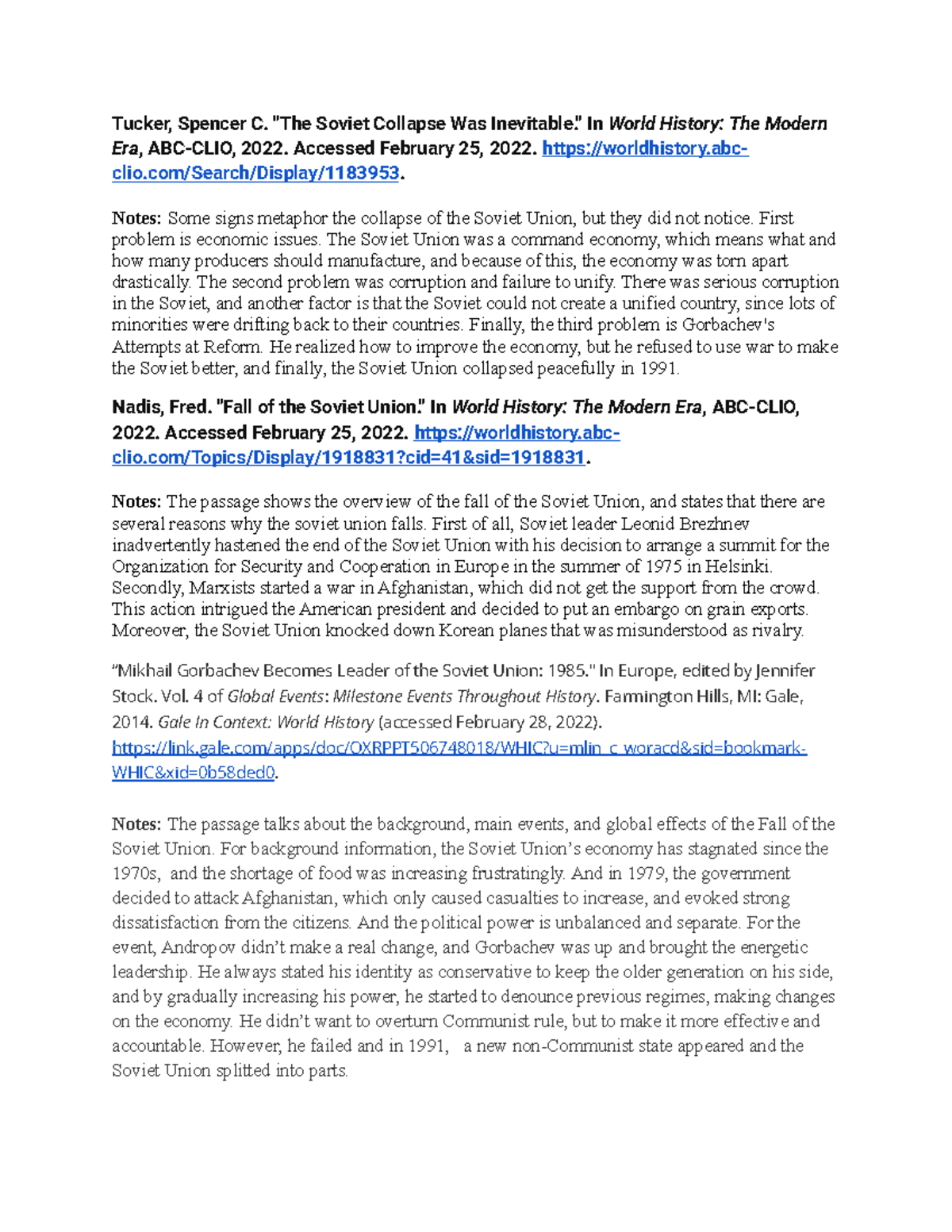Copy of Fall of Soviet Union - Research Notes - Tucker, Spencer C. "The ...