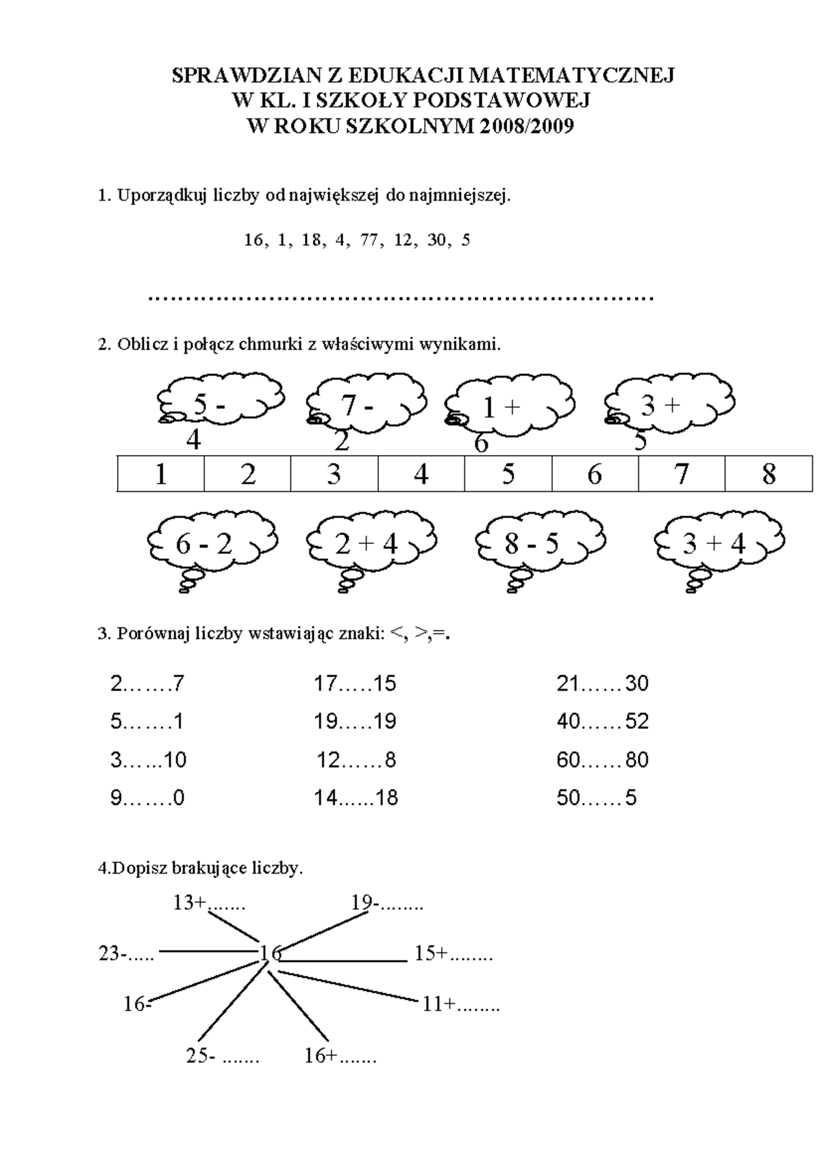Sprawdzian z edukacji matematycznej w kl. I - SPRAWDZIAN Z EDUKACJI ...