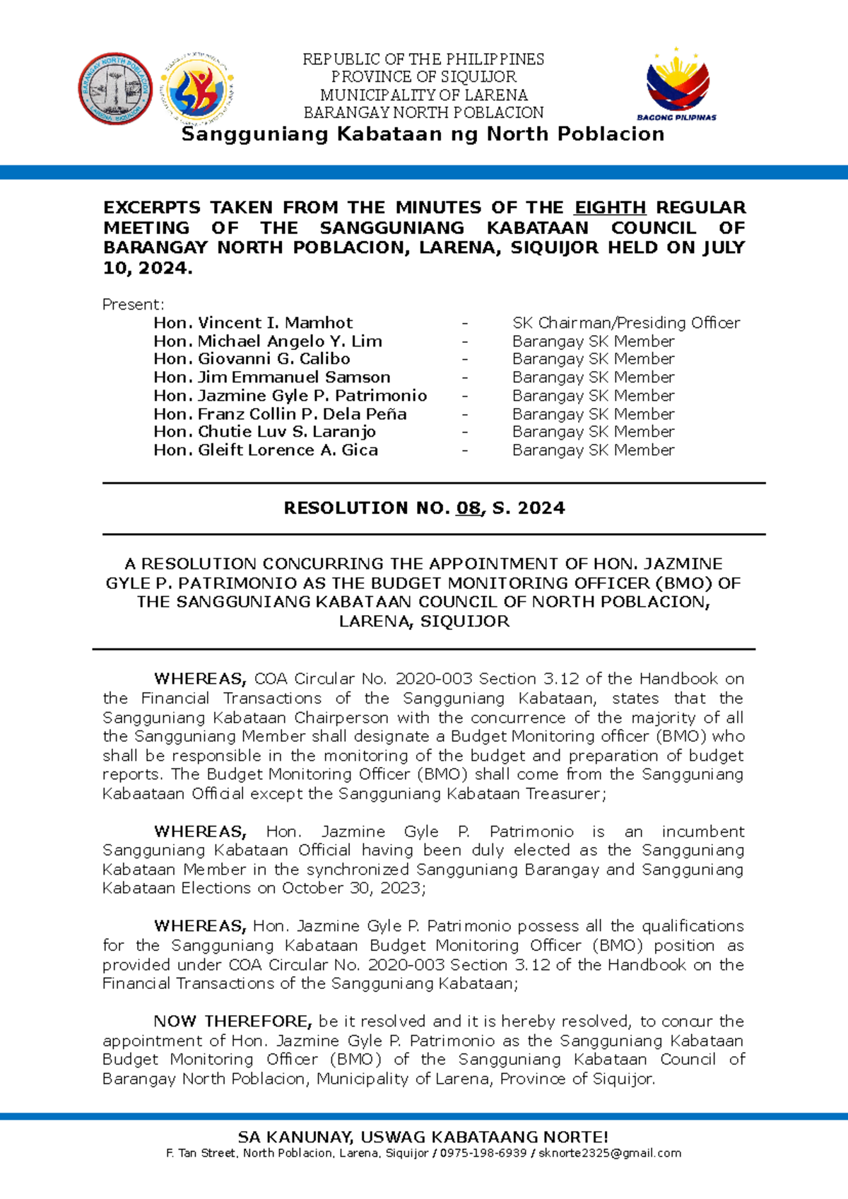 SKNP Resolution 08 2024 BMO Appointment - REPUBLIC OF THE PHILIPPINES ...