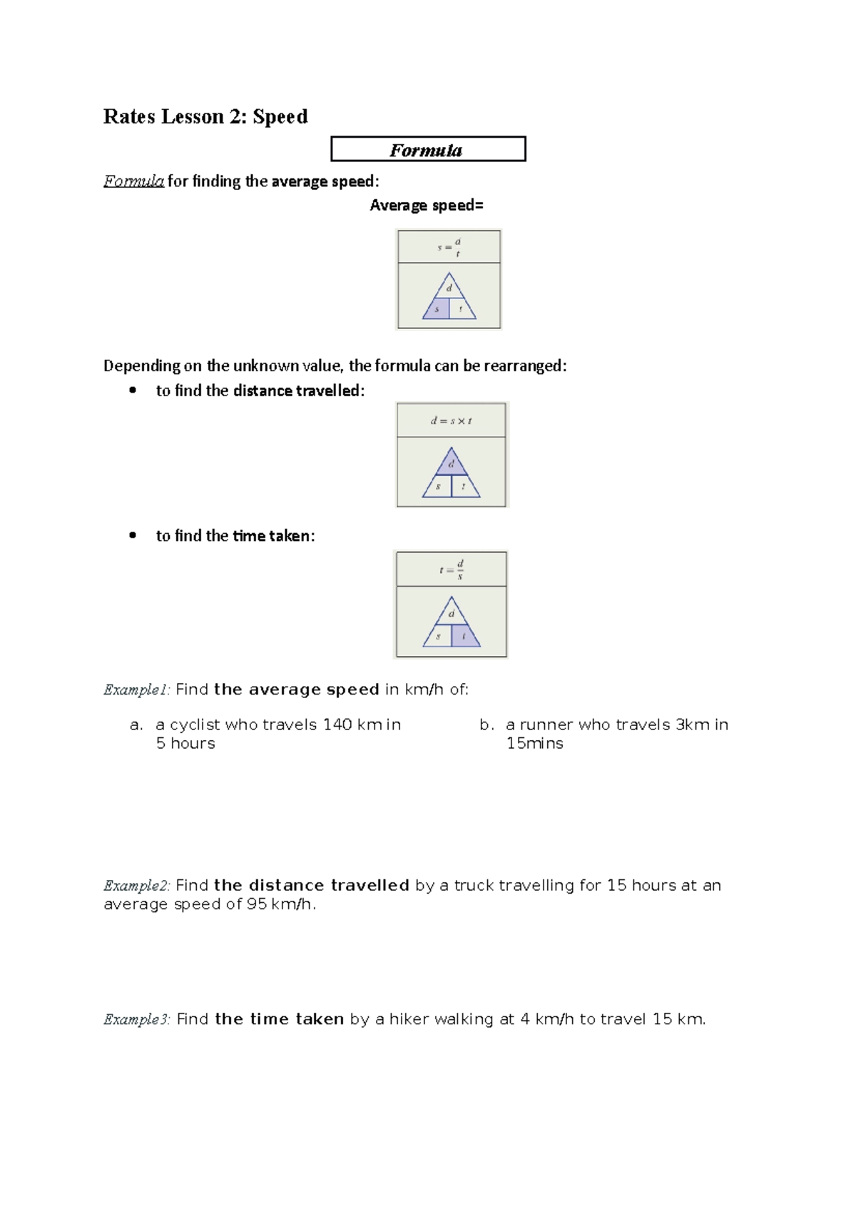 Yr8 Speed Worksheet - Rates Lesson 2: Speed Formula Formula for finding ...