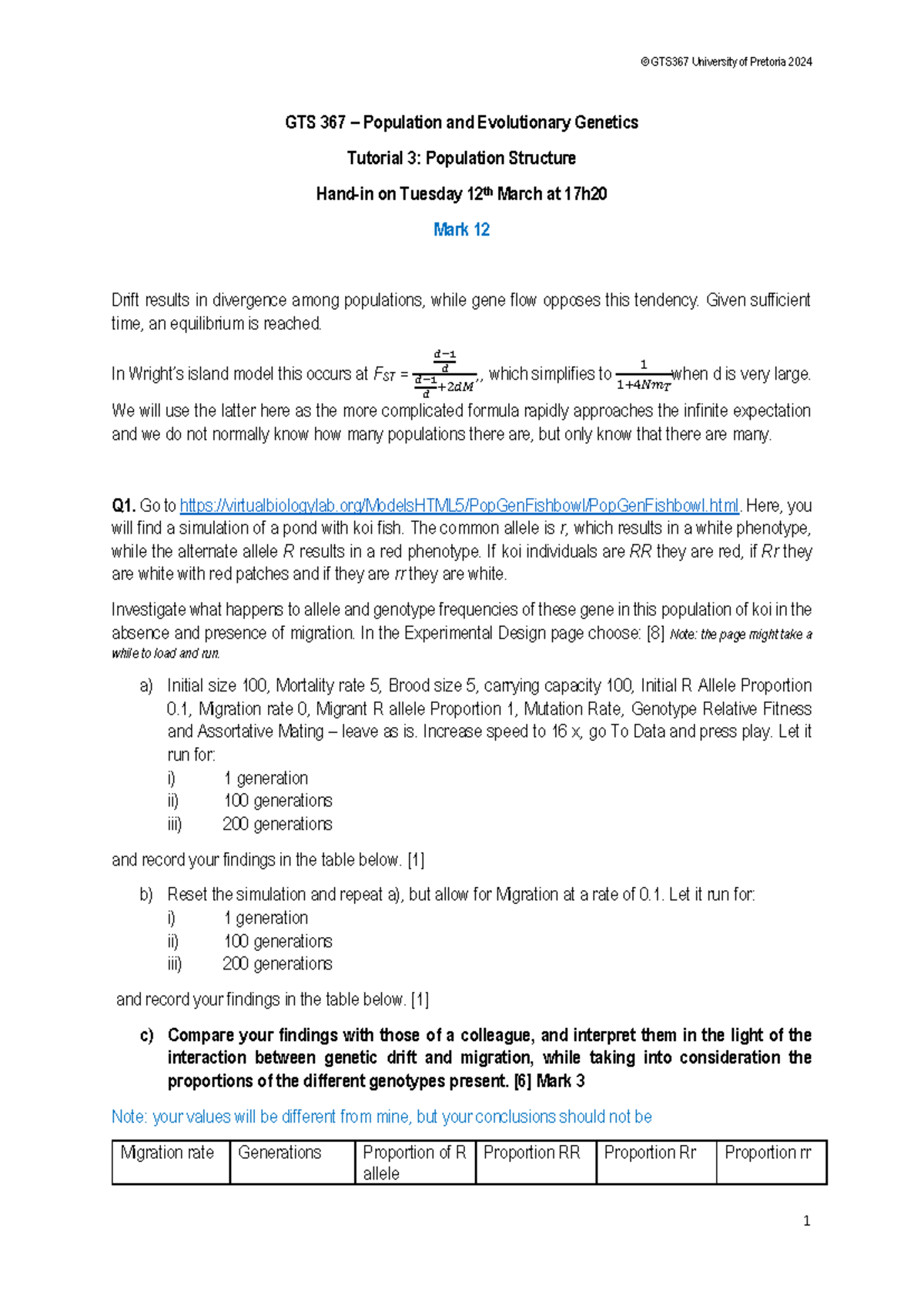Tutorial 3 memo - GTS 367 – Population and Evolutionary Genetics ...