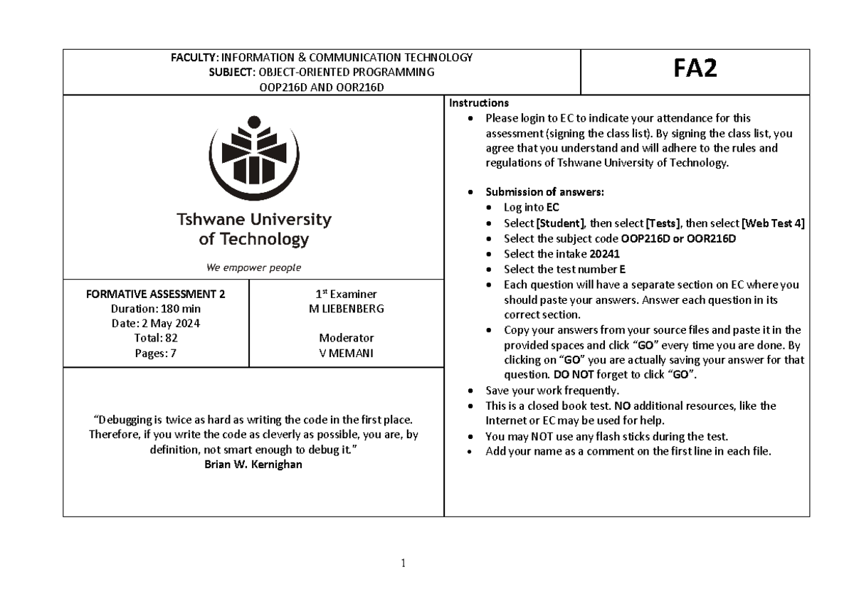 OOP216D - oop question paper 2024 FA2 semester test 2 - FACULTY ...