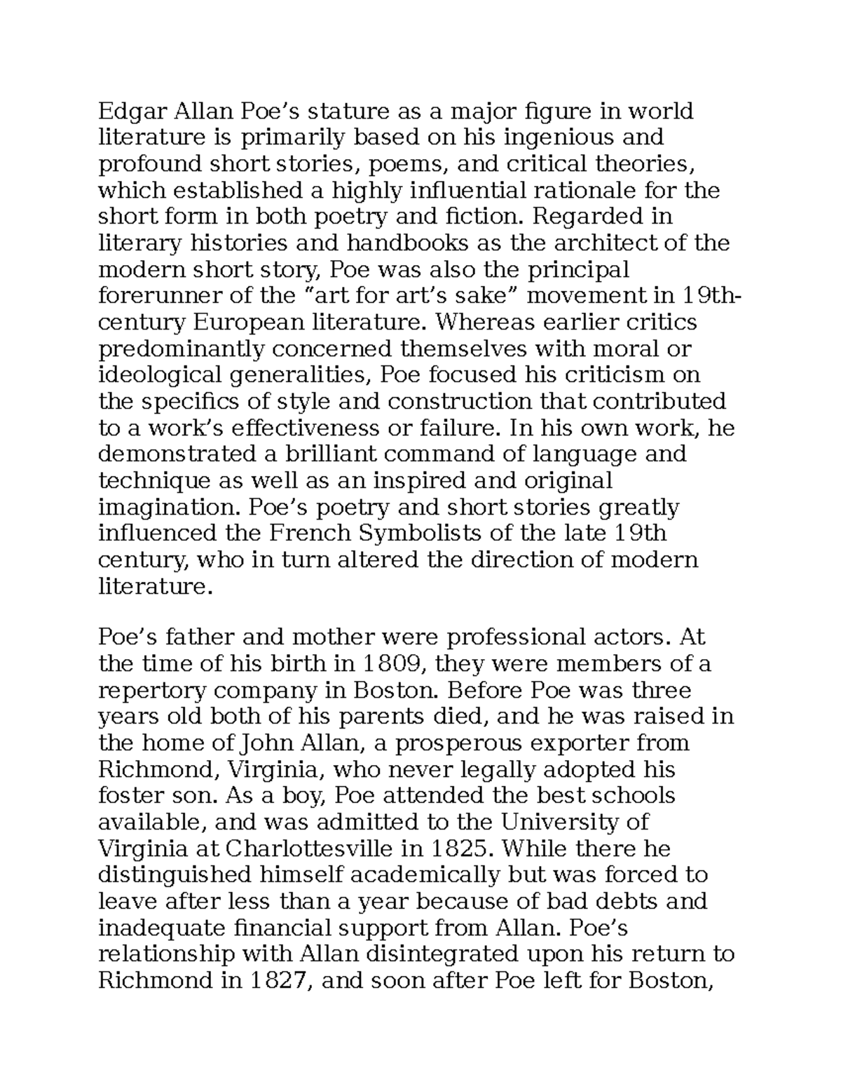 Edgar Allan Poe - Edgar Allan Poe’s stature as a major figure in world ...