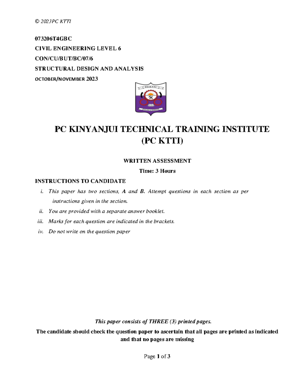 Structures lev 6 exam - © 2023 PC KTTI Page 1 of 3 073206T4GBC CIVIL ...