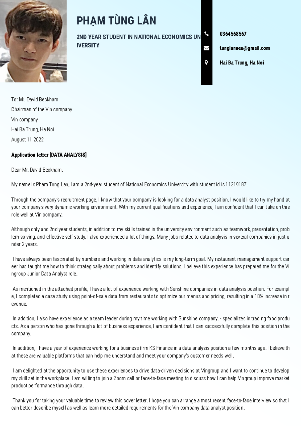 Pham Tung Lan Cover Letter Top CV - To: Mr. David Beckham Chairman of ...