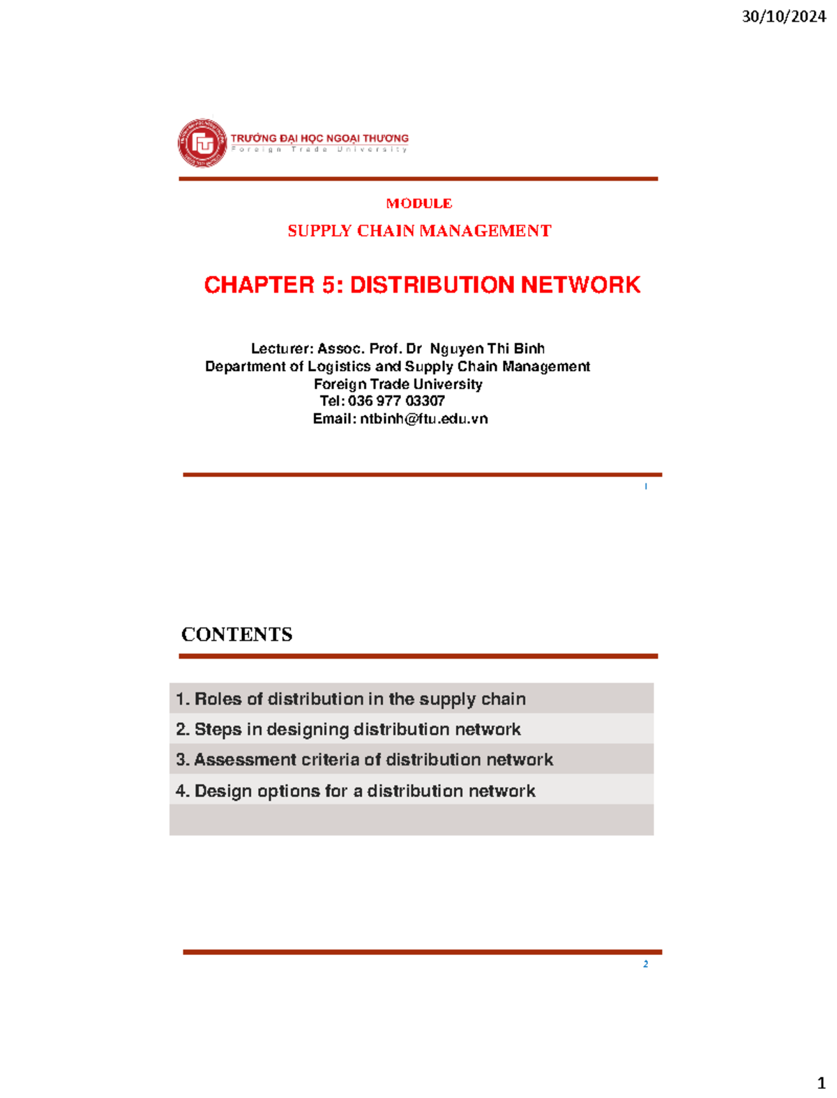 SV Chapter 5 (Distribution) - 1 MODULE SUPPLY CHAIN MANAGEMENT CHAPTER 5: DISTRIBUTION NETWORK ...