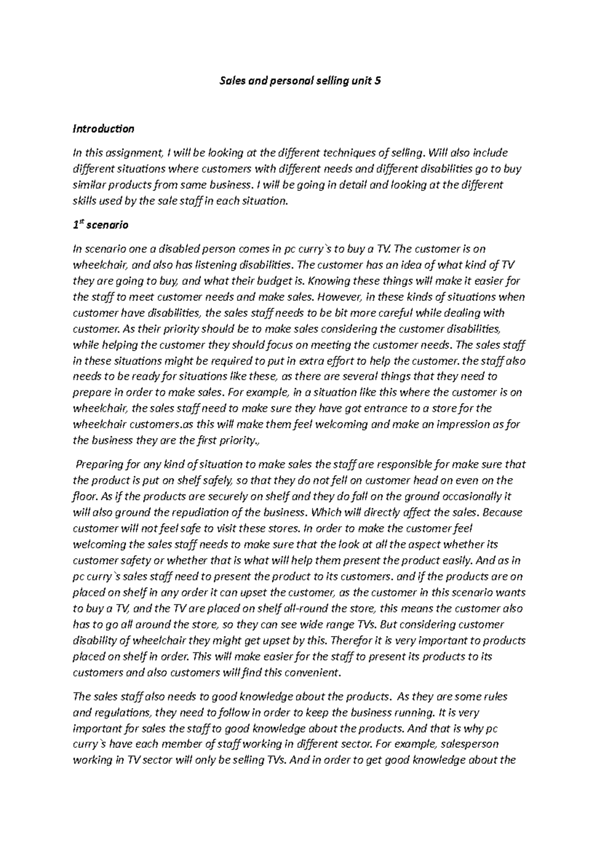 Sales and personal selling unit 5 assisnment 2 - Sales and personal ...