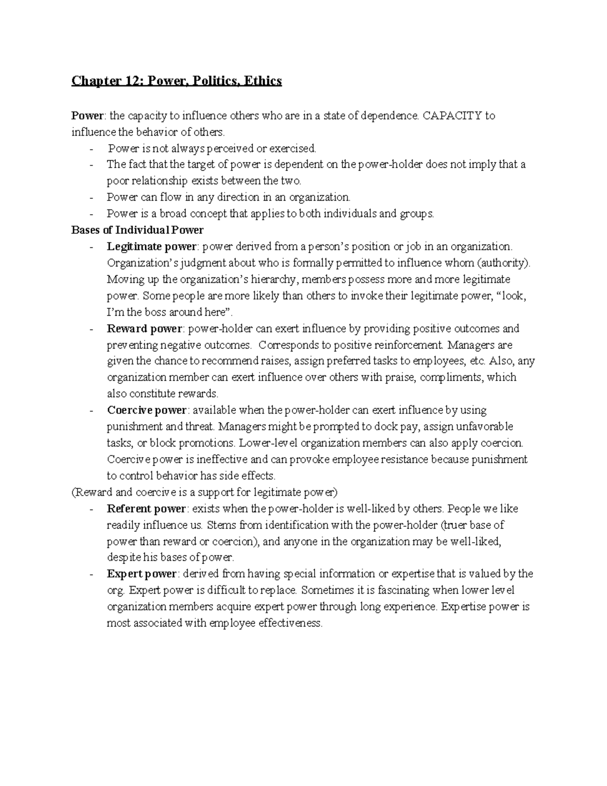 Chapter-12 - Lecture note - Chapter 12: Power, Politics, Ethics - Studocu