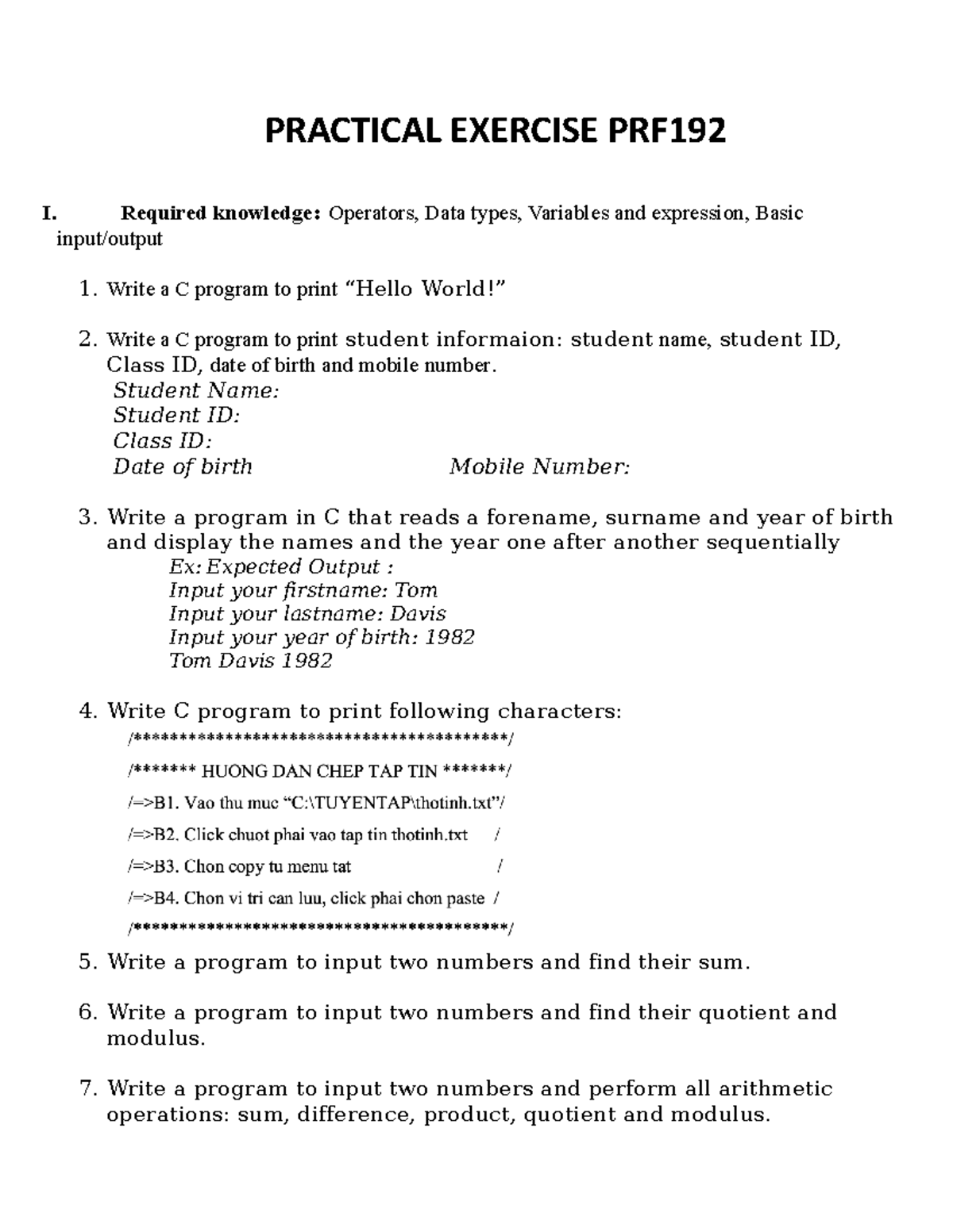 PRF192 Practical Exercise - PRACTICAL EXERCISE PRF I. Required ...