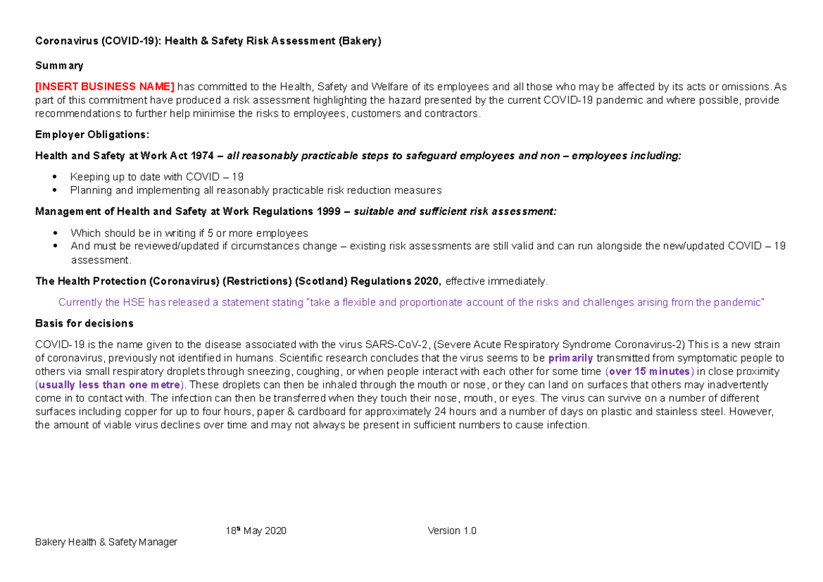 2005 27 covid risk bakery - Summary [INSERT BUSINESS NAME] has ...