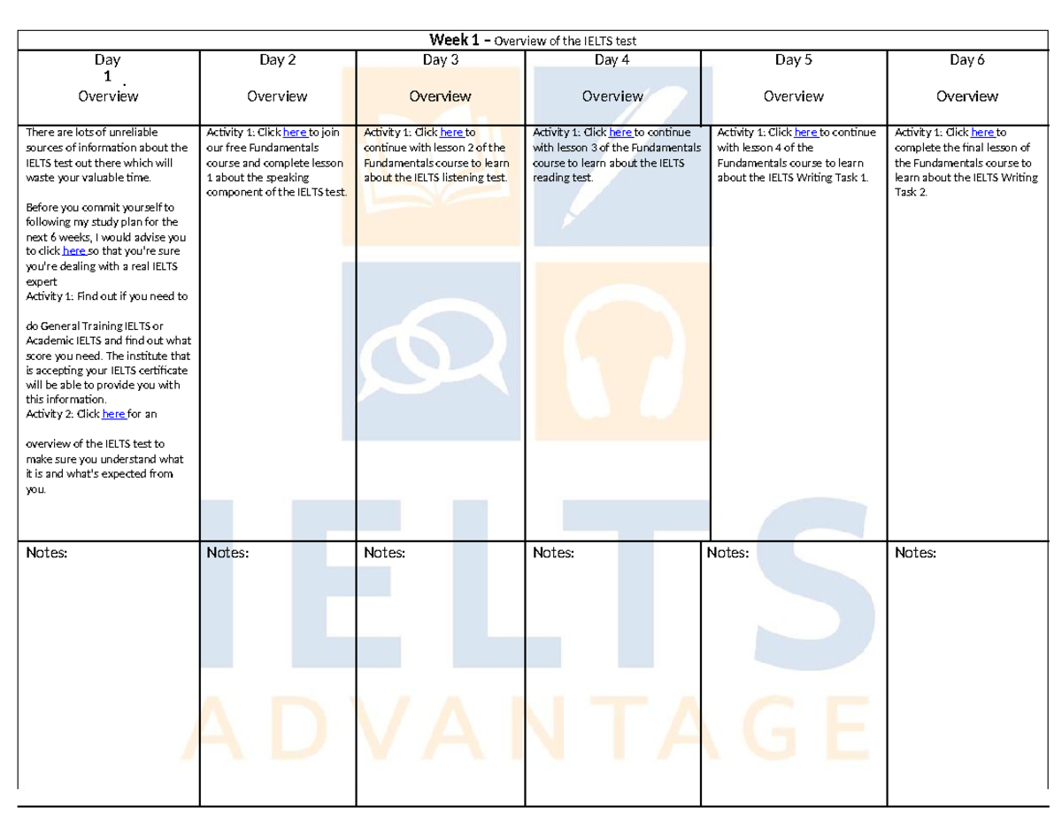 6 Week Study Plan New - Plan - Week 1 – Overview of the IELTS test Day ...