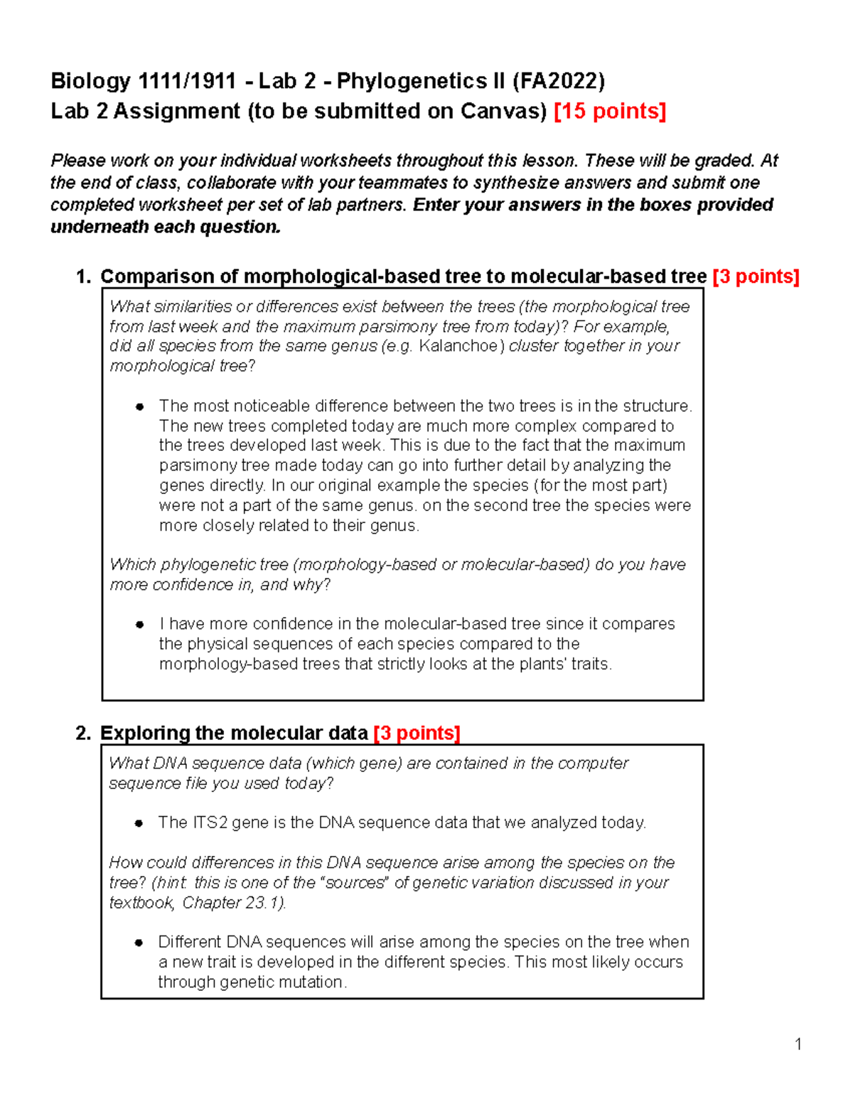 Lab II Phylogenetic Trees - Biology 1111/1911 - Lab 2 - Phylogenetics ...