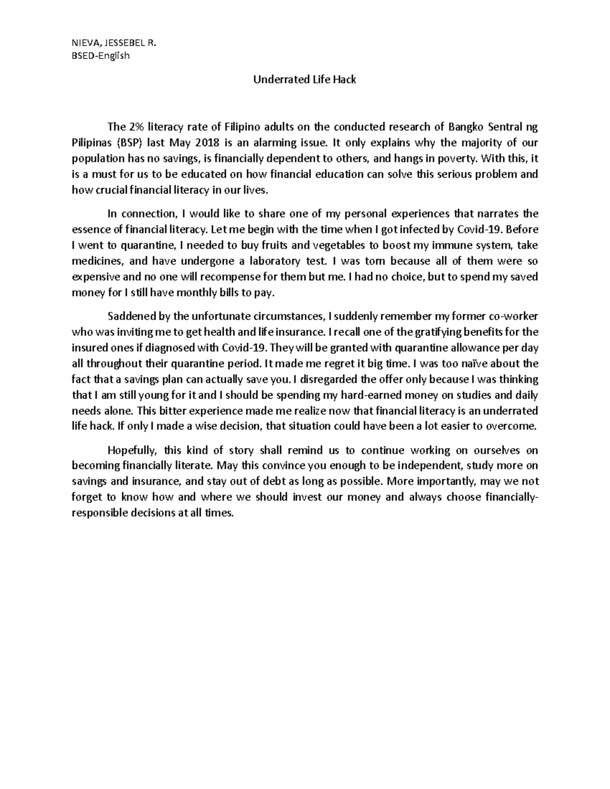 Essay - NIEVA, JESSEBEL R. BSED-English Underrated Life Hack The 2% ...