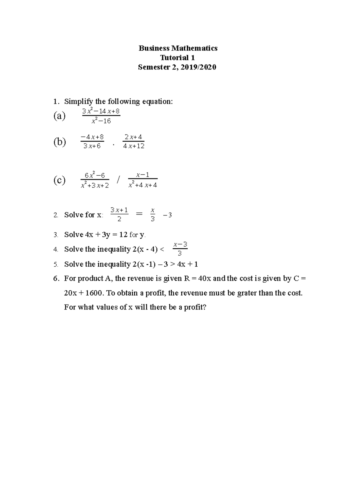 Tutorial 1 - Full exercise - Business Mathematics Tutorial 1 Semester 2 ...