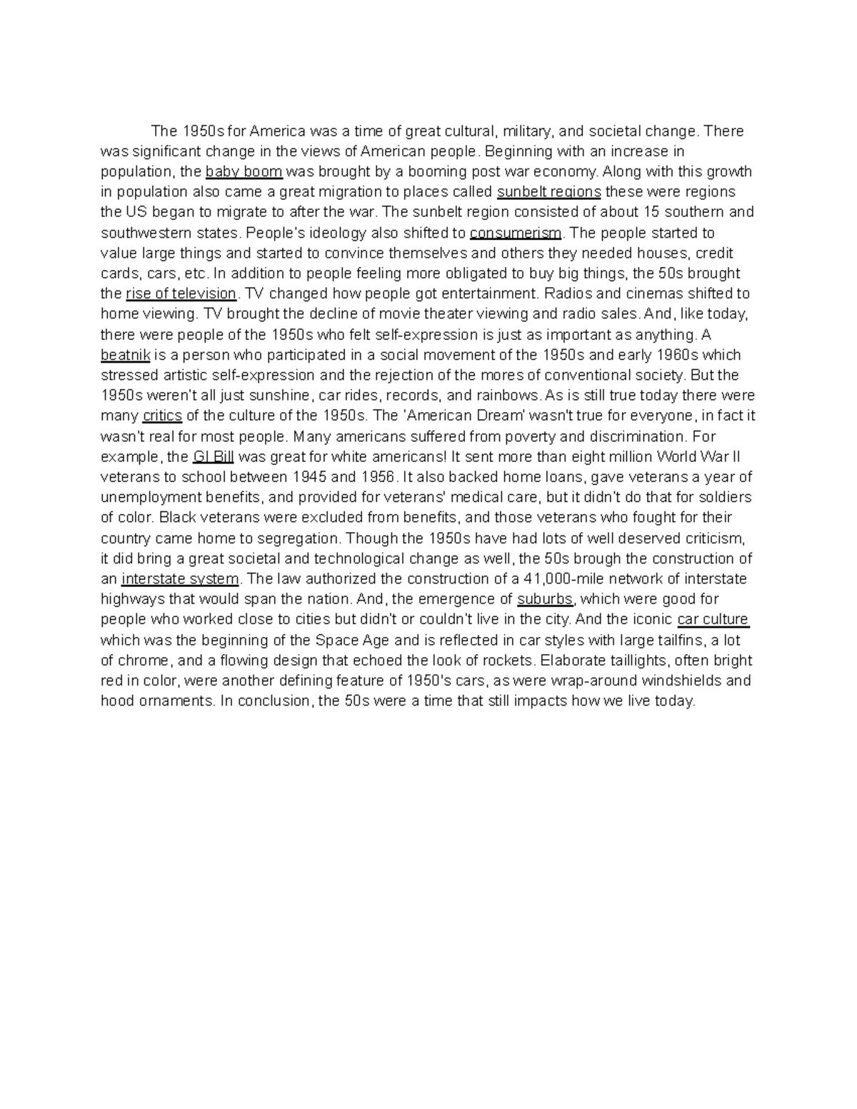 1950s Essay - The 1950s for America was a time of great cultural ...