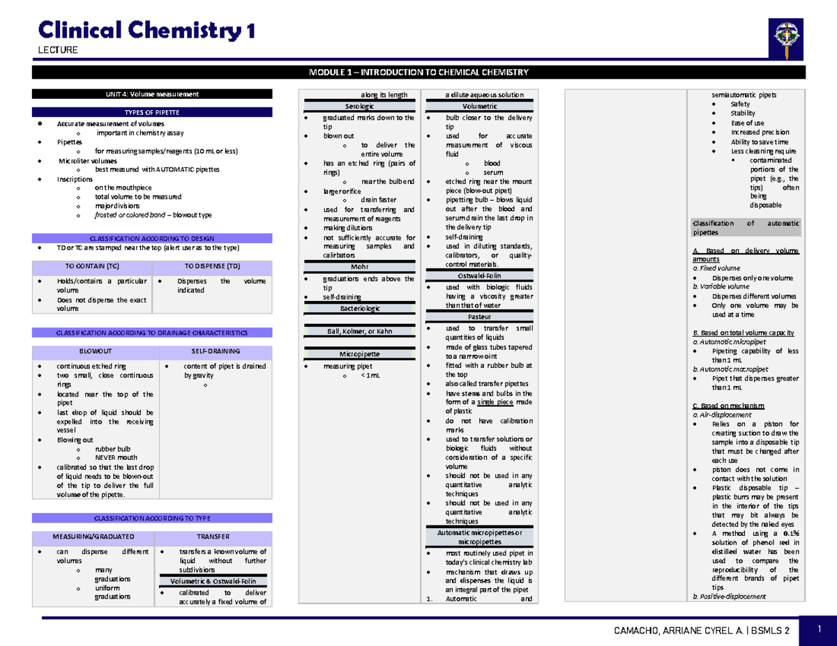 Module 1 UNIT 4 - Transes and notes. - Clinical Chemistry 1 LECTURE ...