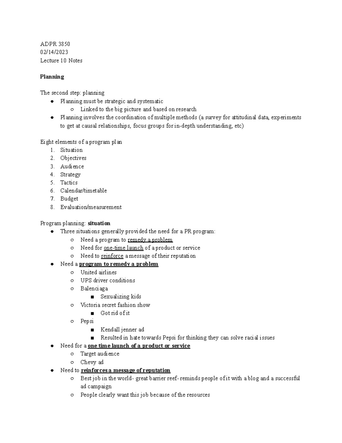 ADPR Lecture 10 - NOTES - ADPR 3850 02/14/ Lecture 10 Notes Planning ...