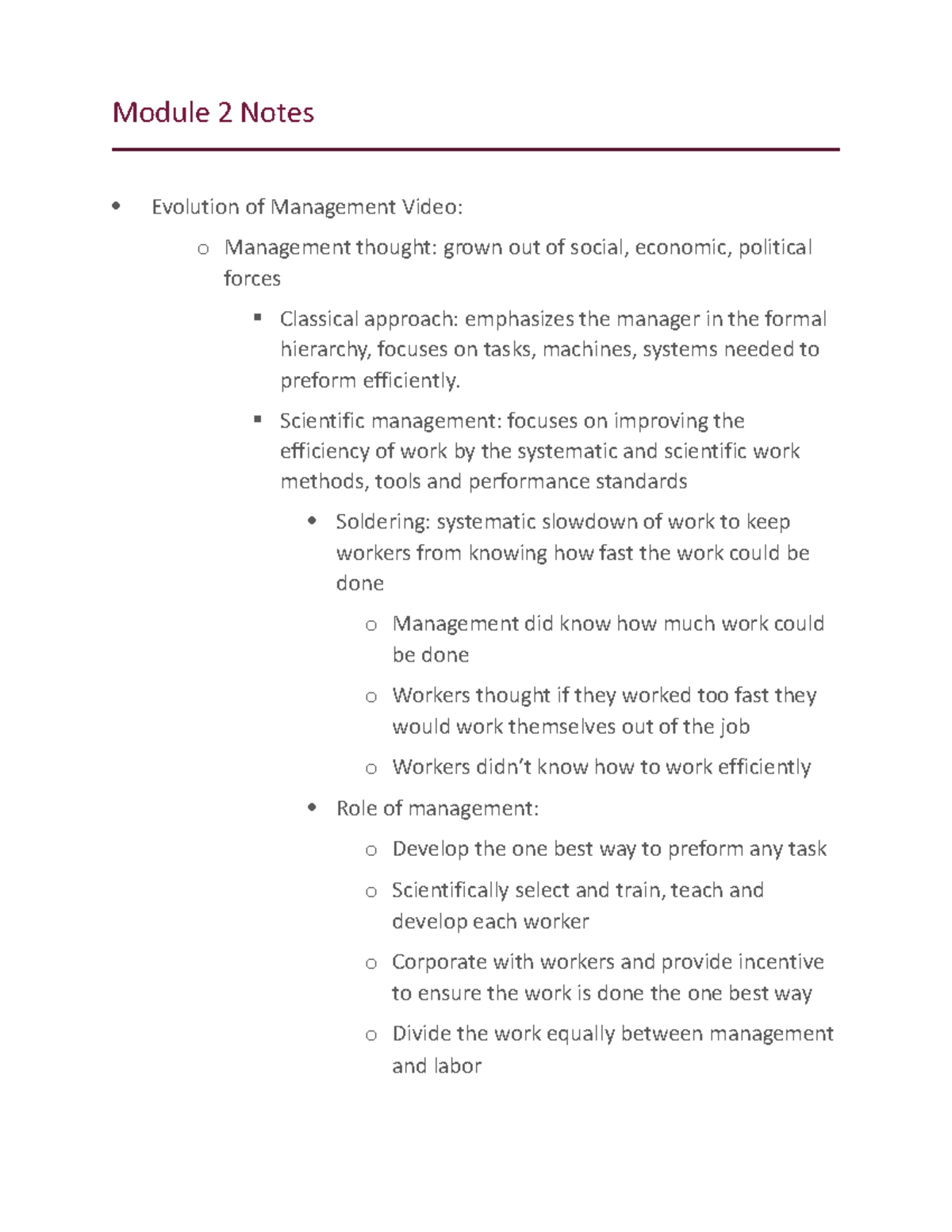 Module 2 Notes Module 2 Notes Evolution Of Management Video O Management Thought Grown Out