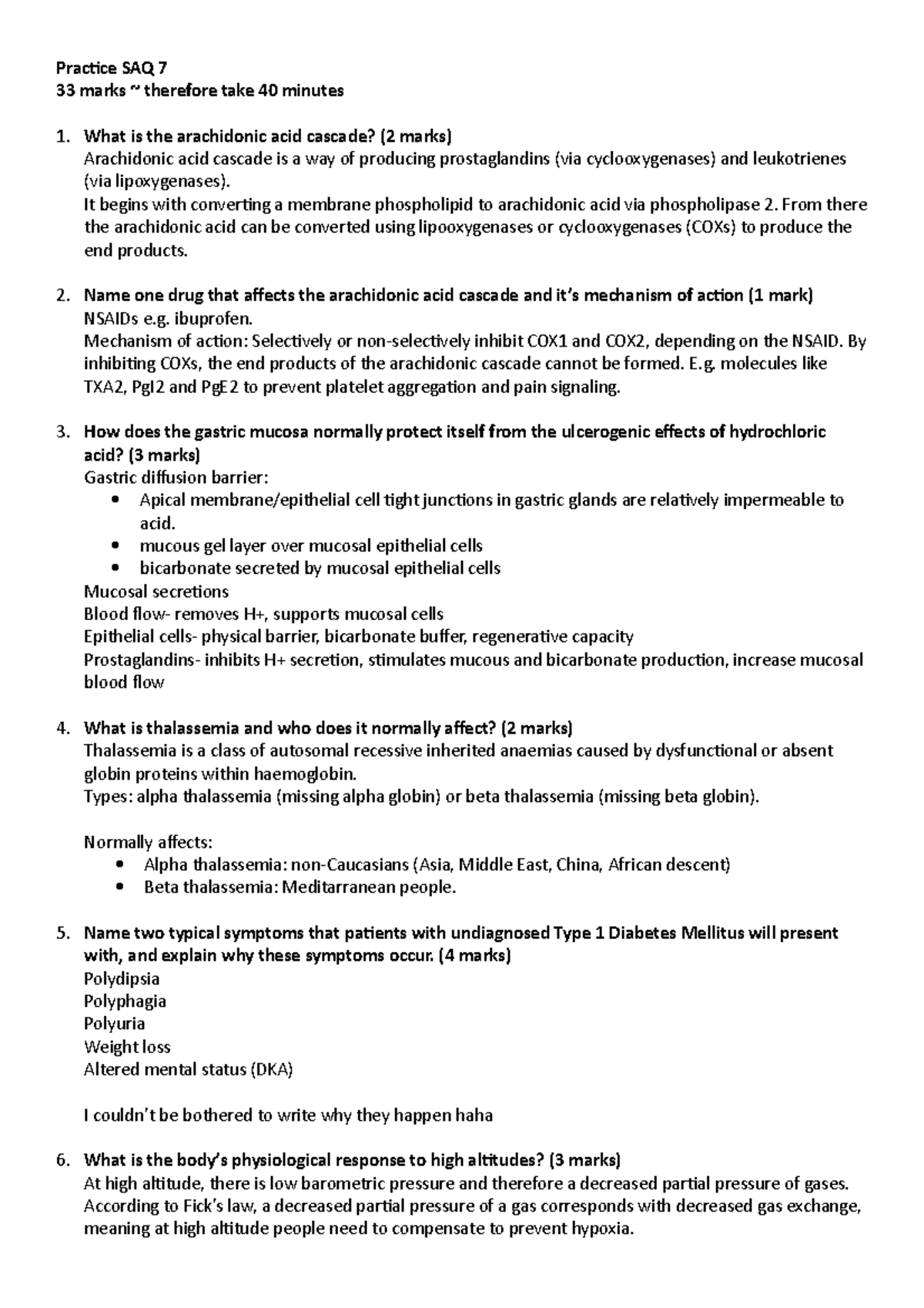 Practice SAQ 7 Answers - Practice SAQ 7 33 marks ~ therefore take 40 ...