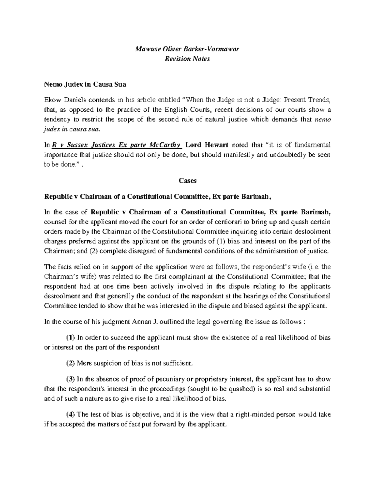 Natural Justice - Mawuse Oliver Barker-Vormawor Revision Notes Nemo ...