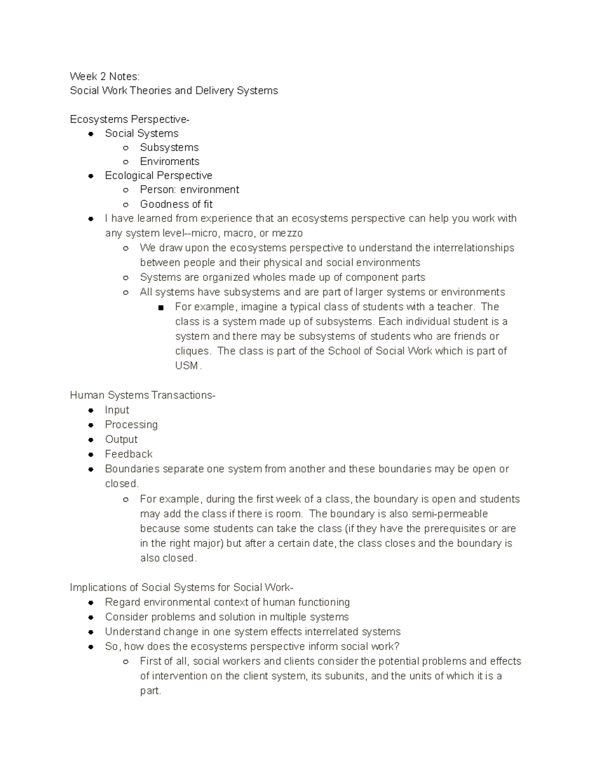 Week 2 Notes - week 2 - Week 2 Notes: Social Work Theories and Delivery ...