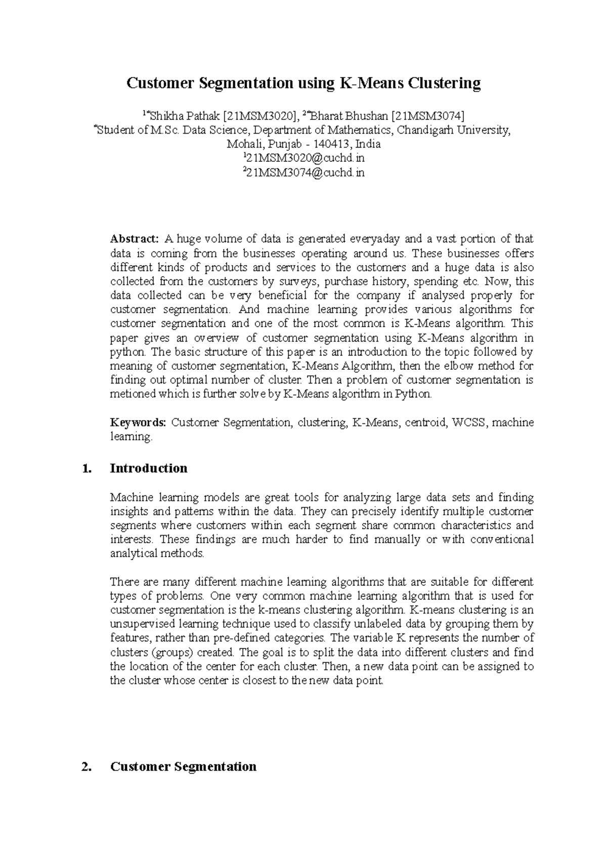 Customer Segmentation using K-means - Data Science, Department of ...