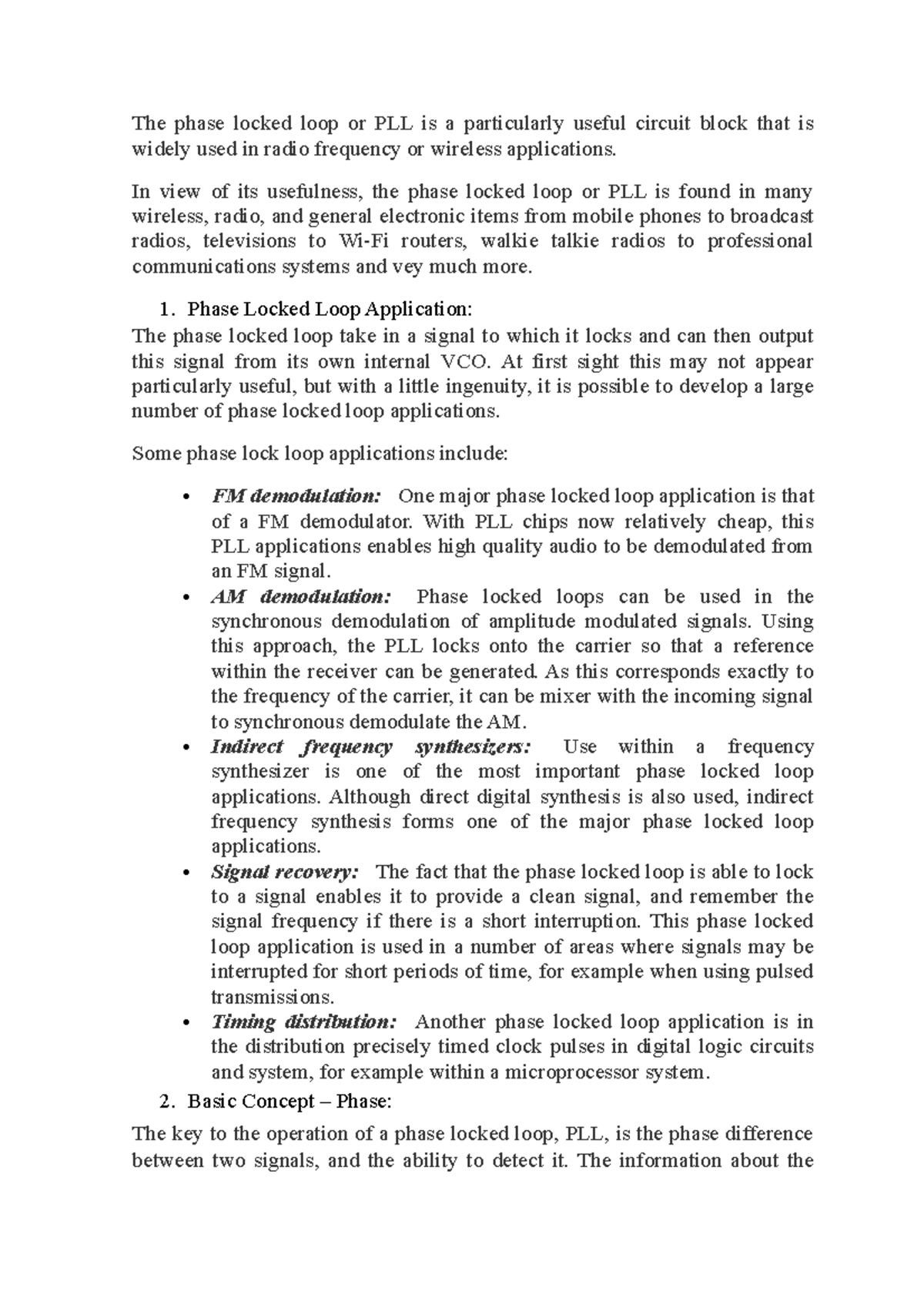 PLL - PLL - The phase locked loop or PLL is a particularly useful ...