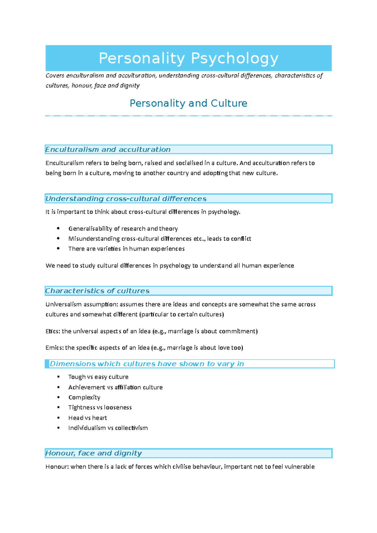 Personality Psychology 5 - Personality Psychology Covers enculturalism ...