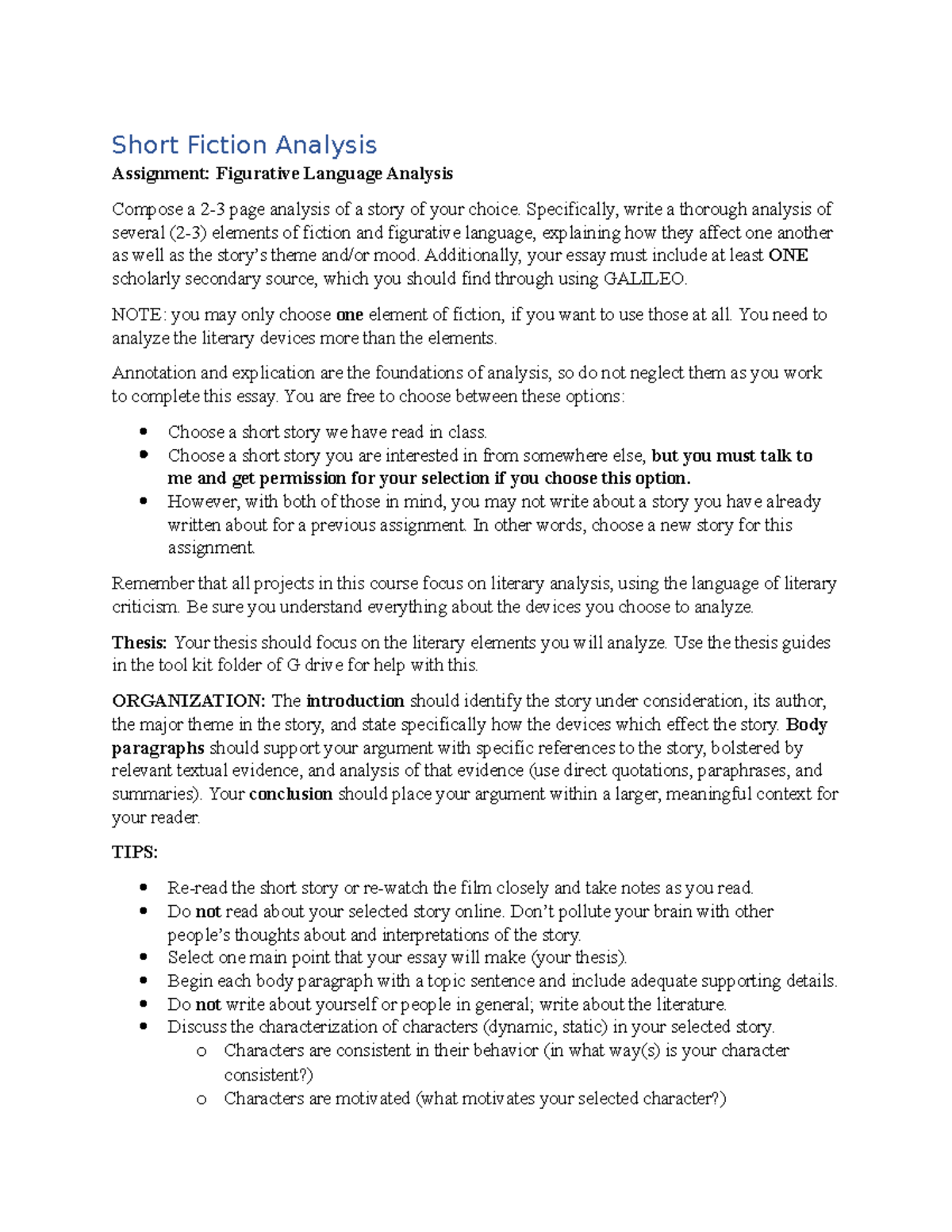 1. Analytical Essay - Short Fiction Analysis Assignment: Figurative ...