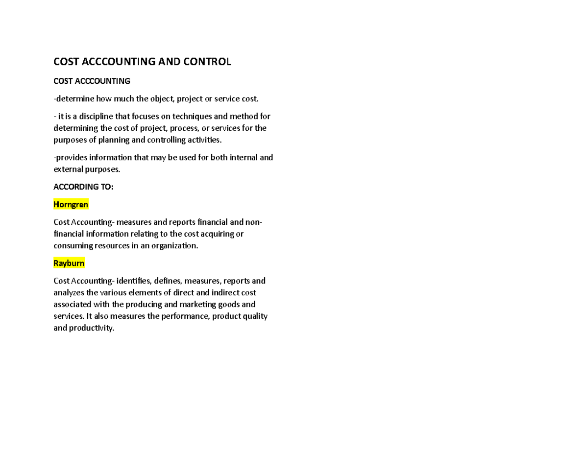 COST Acccounting AND Control - COST ACCCOUNTING AND CONTROL COST ...