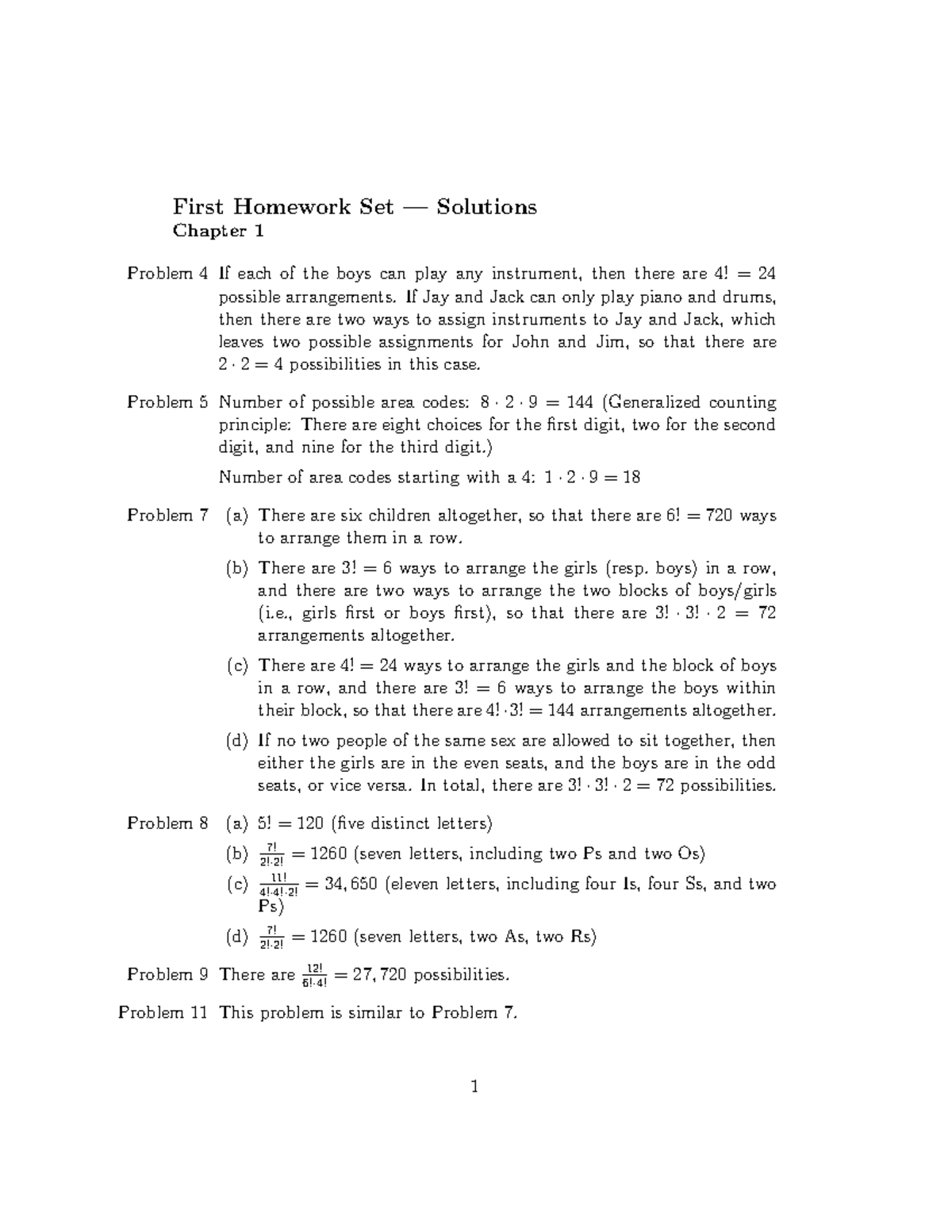 MATH 461 HW 1 Solutions - First Homework Set — Solutions Chapter 1 Problem 4 If each of the boys ...