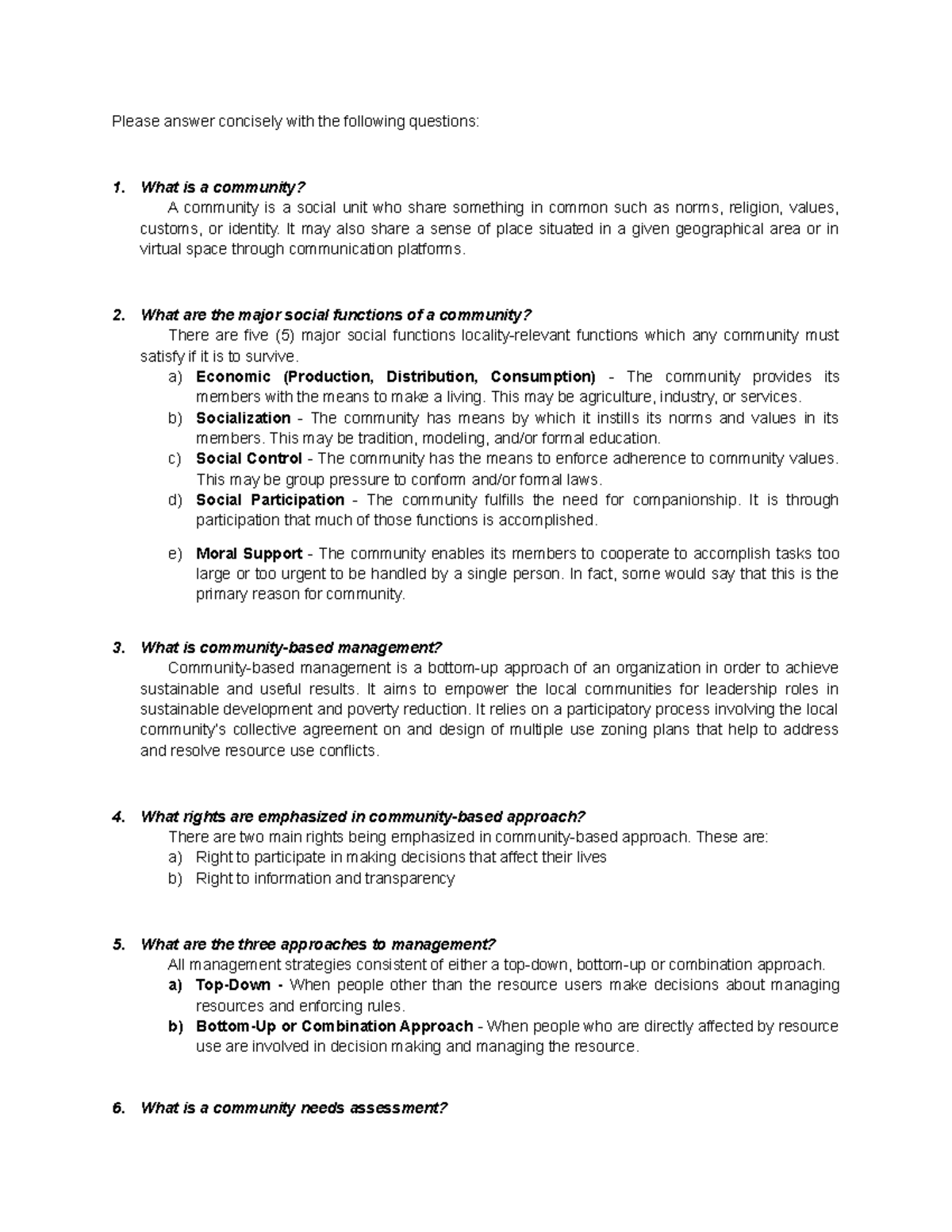 Evaluation - Community-Based Assessment - Please answer concisely with ...