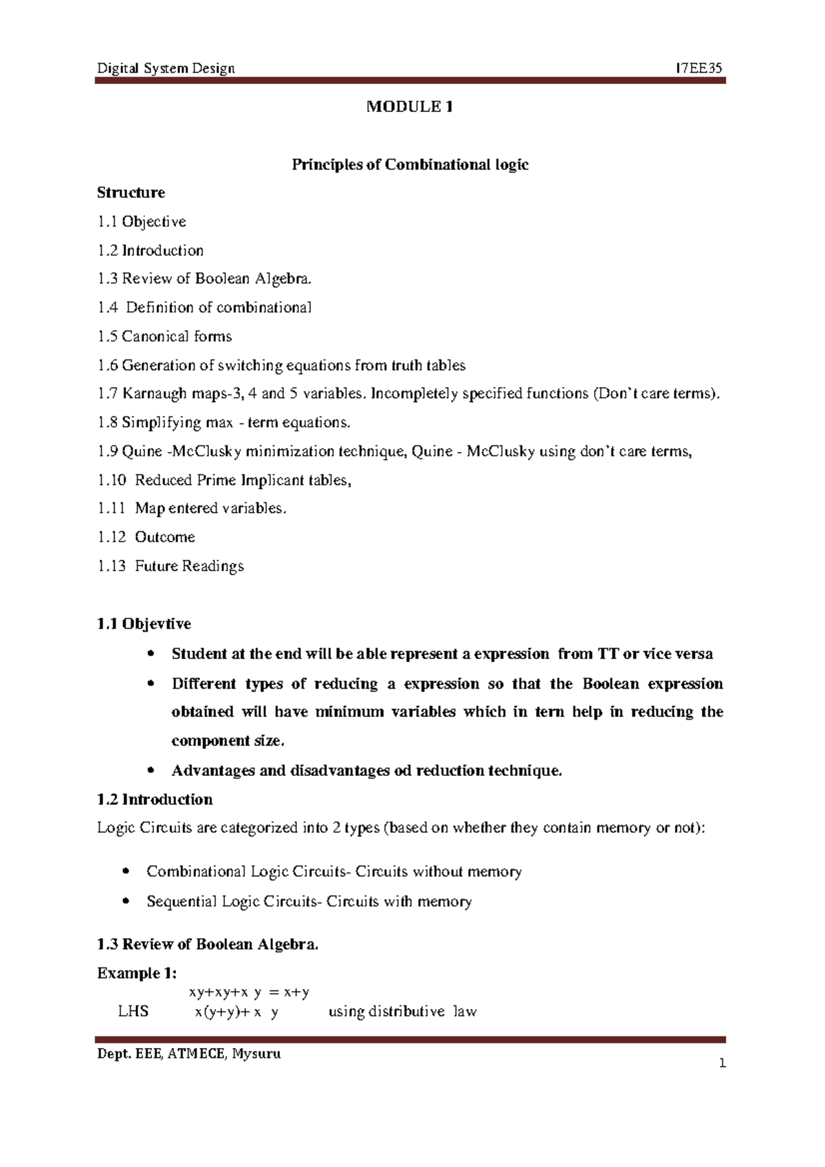 M1 - Module - Dept. EEE, ATMECE, Mysuru MODULE 1 Principles of Combinational logic Structure 1 ...