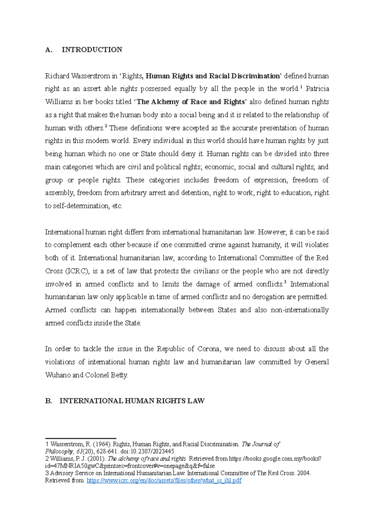 International Law II - A. INTRODUCTION Richard Wasserstrom in ‘Rights ...