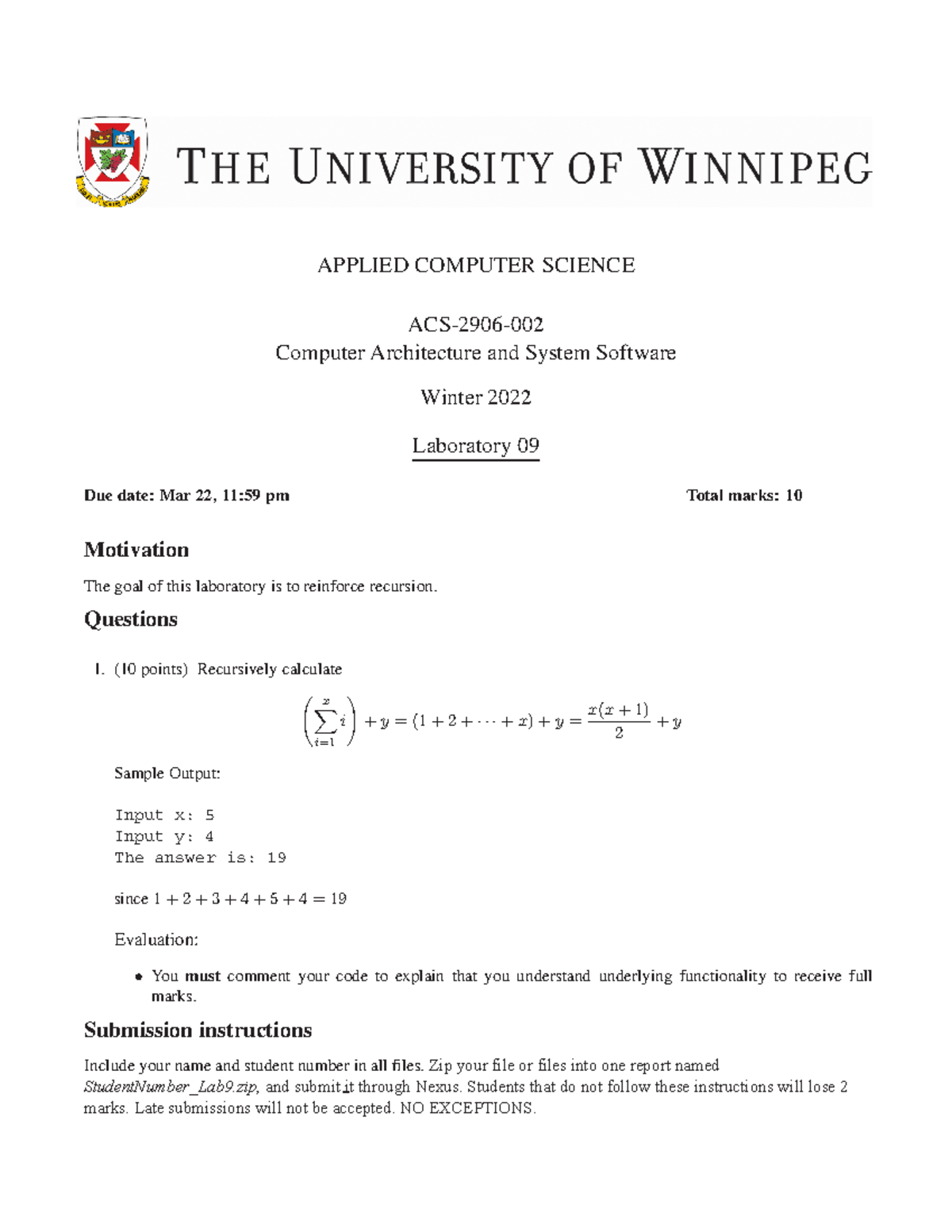 Lab09_T - Professor Al Mtawa, Y - APPLIED COMPUTER SCIENCE ACS-2906-00 2 Computer Architecture ...